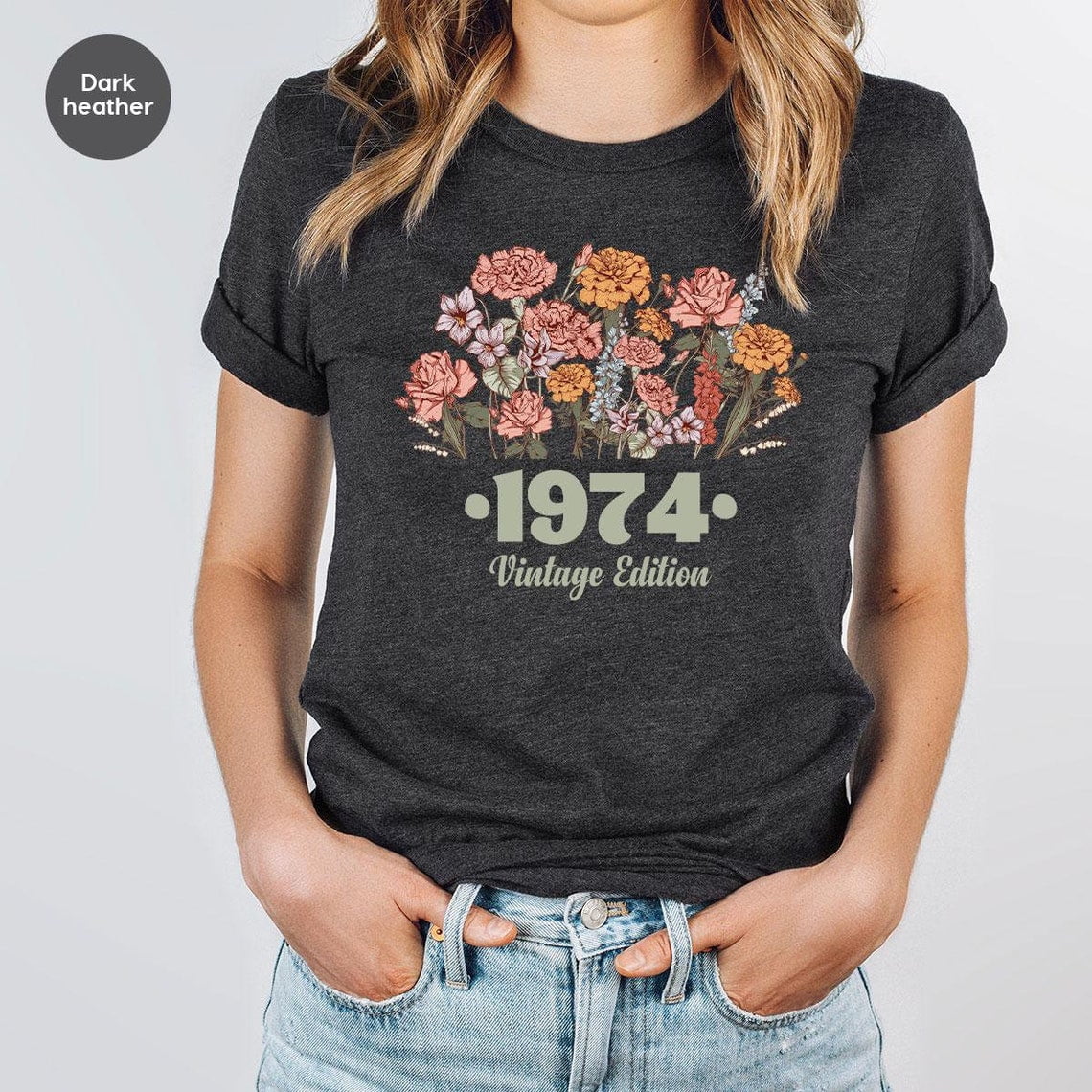 Birthday 1974 T-Shirt, 50th Birthday Shirt, Flower 1974 Birth Year T ...
