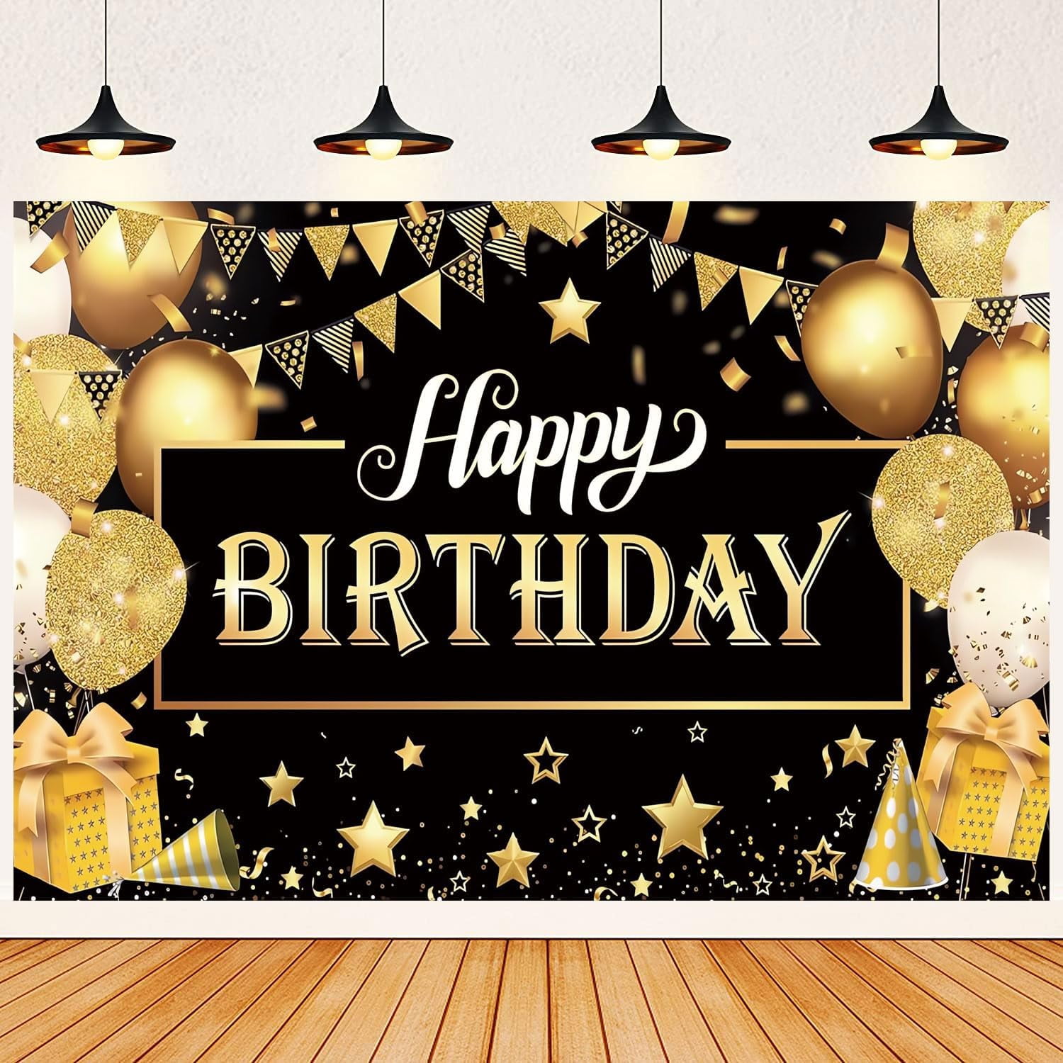 Birthday Backdrop Banner, Black Gold Happy Birthday Decorations Large ...