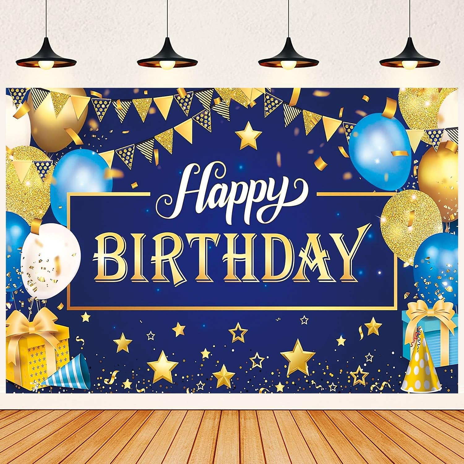 Birthday Backdrop Banner, Blue Gold Happy Birthday Decorations Large Poster Sign Party Supplies ...