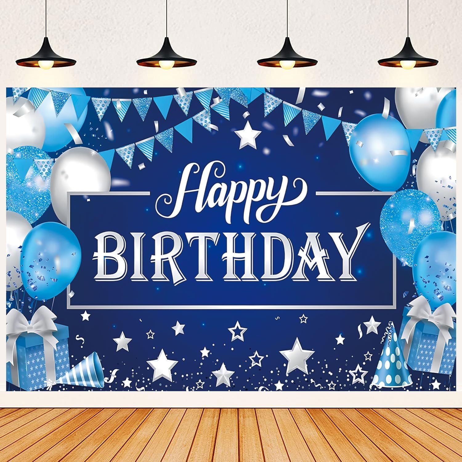 Birthday Backdrop Banner, Blue Silver Happy Birthday Decorations Large Poster Sign Party ...