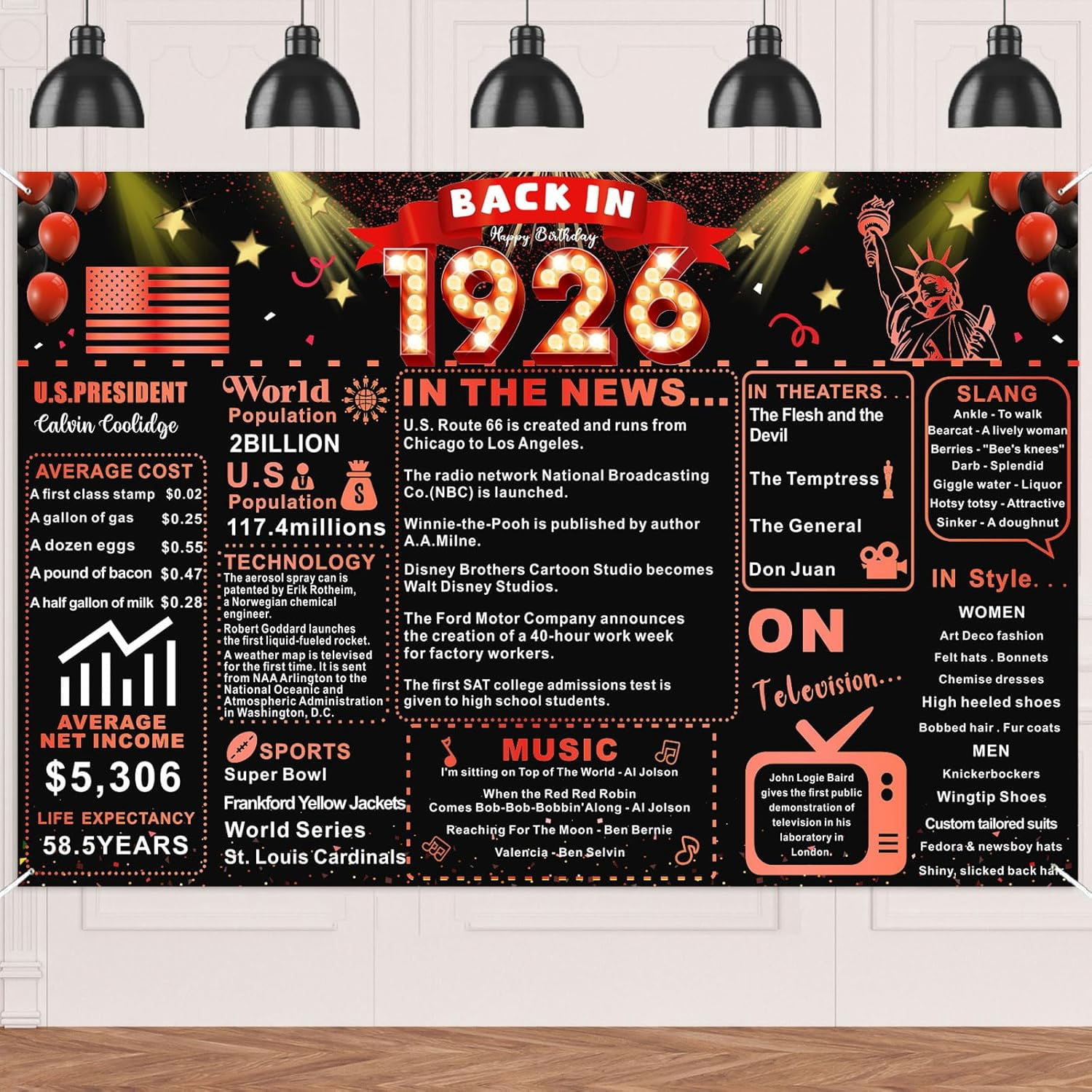 Birthday Backdrop Decorations for Men Women, Red and Black Back In 1926 ...