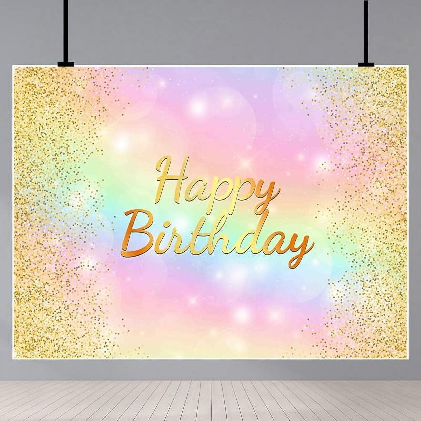 Birthday Backdrop for Girls Pastel Rainbow Gold Dots Watercolor Clouds ...
