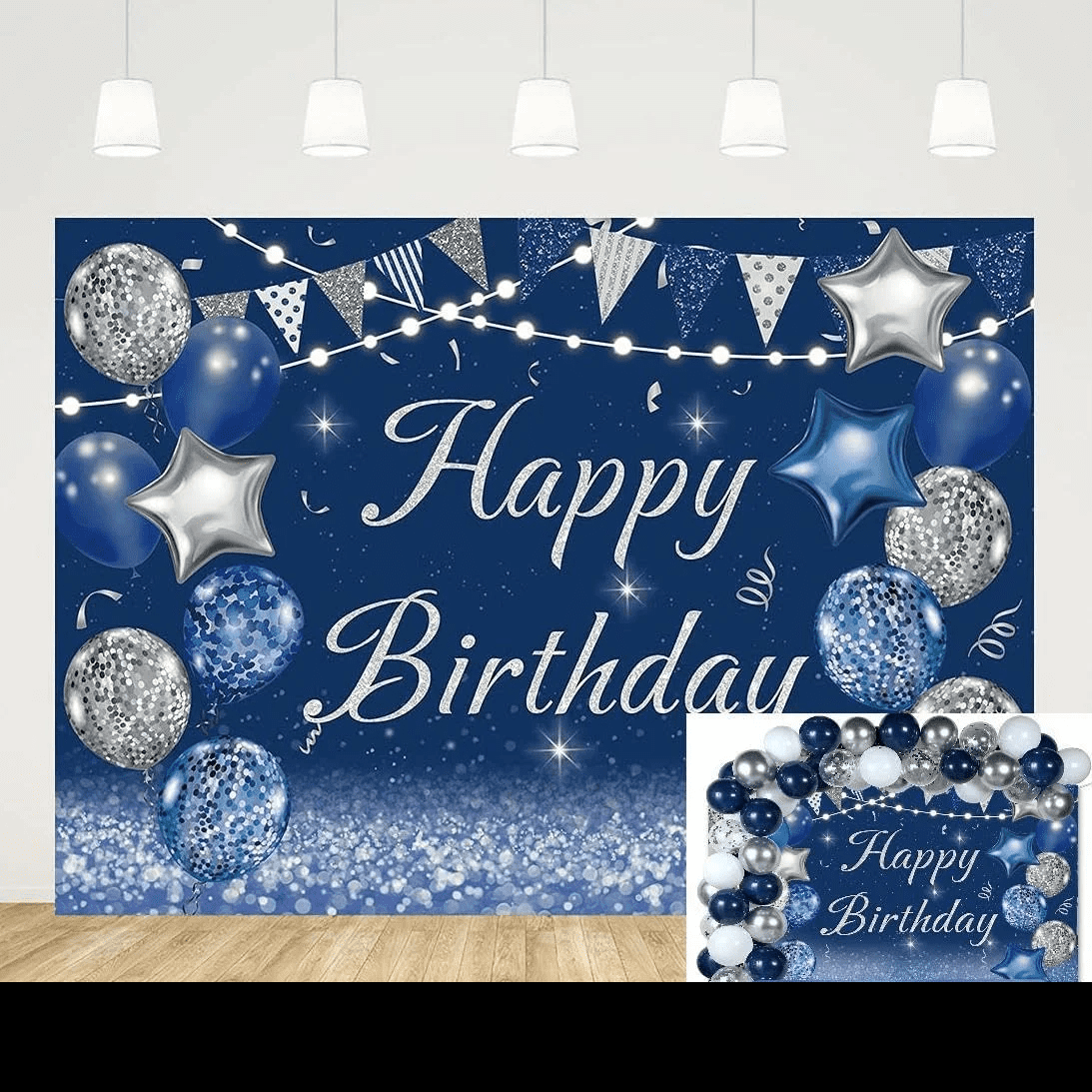 Birthday Backdrop Silvery Balloons Navy Blue Backdrop Adults Men And ...