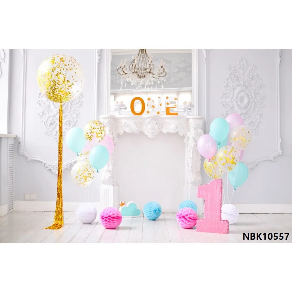 Birthday Backdrops Pink Balloons Flowers Stars Fireplace Baby Portrait ...