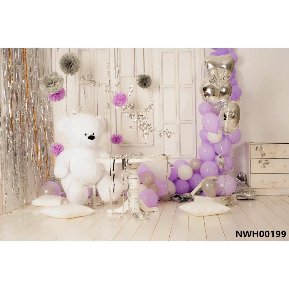 Birthday Backdrops Pink Balloons Flowers Stars Fireplace Baby Portrait ...