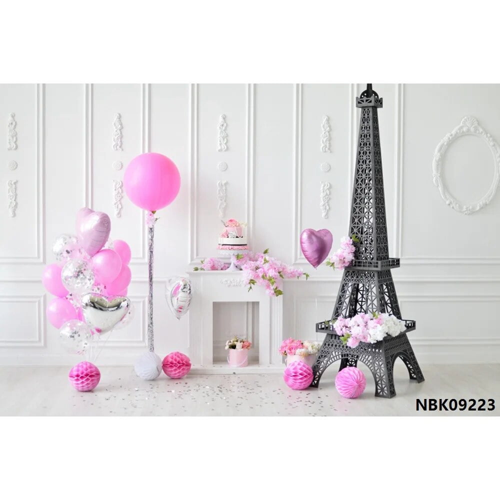 Birthday Backdrops Pink Balloons Flowers Stars Fireplace Baby Portrait ...