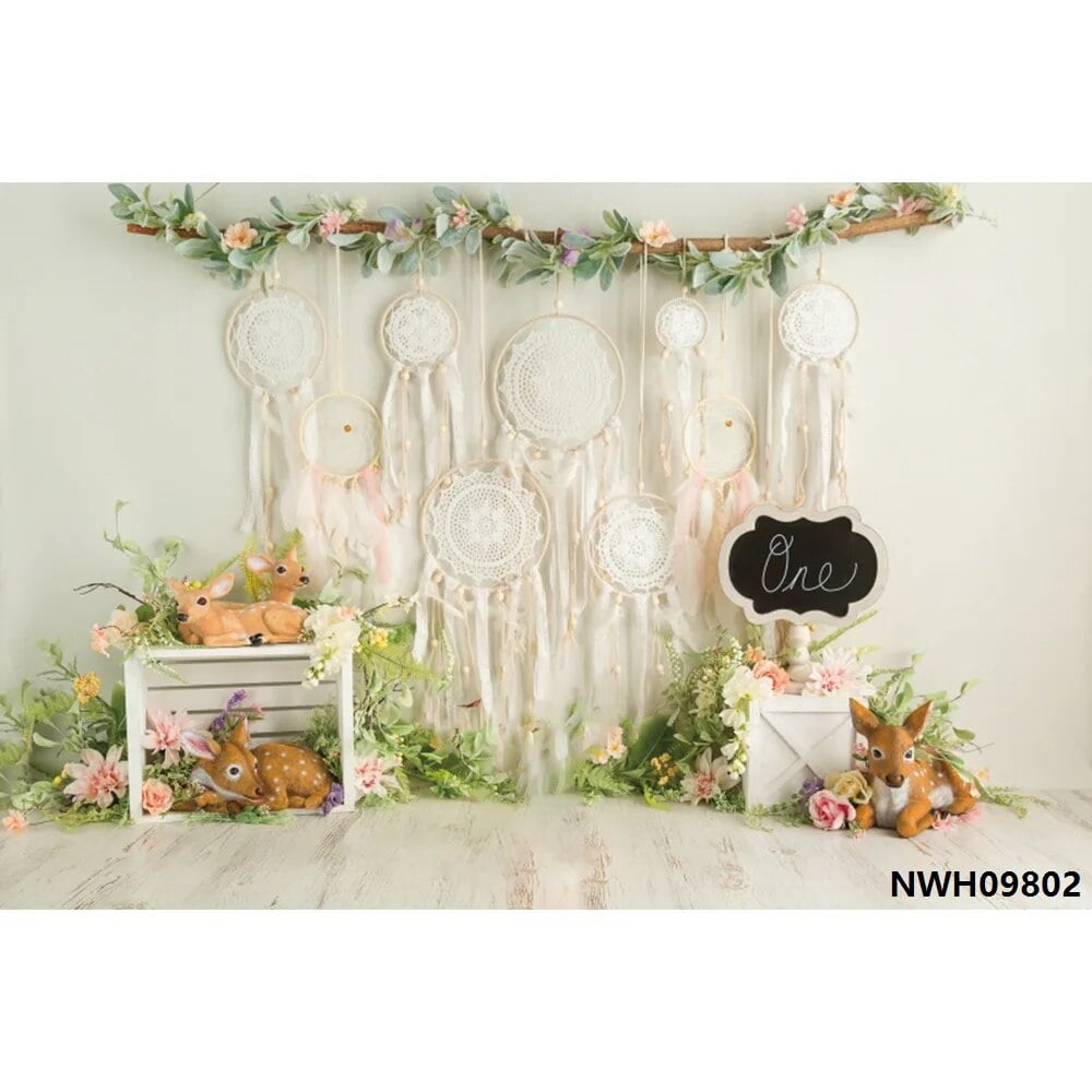 Birthday Backdrops Pink Balloons Flowers Stars Fireplace Baby Portrait ...