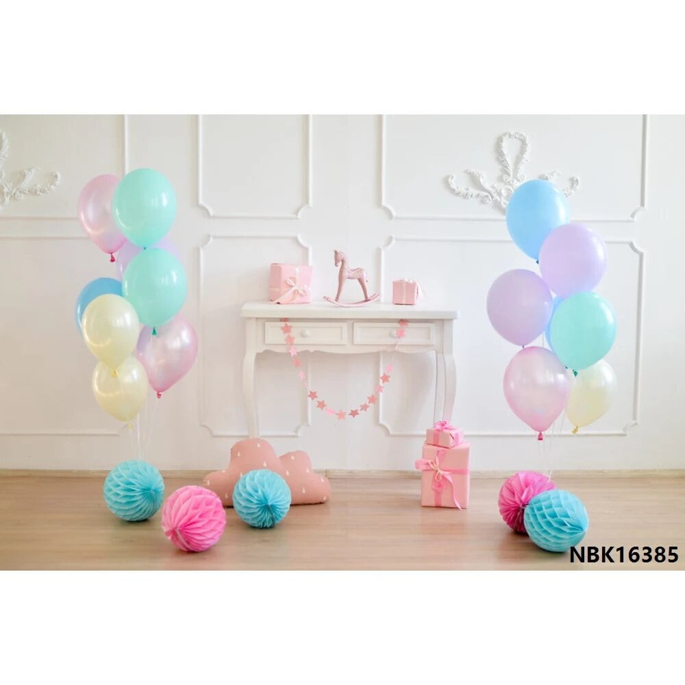 Birthday Backdrops Pink Balloons Flowers Stars Fireplace Baby Portrait ...