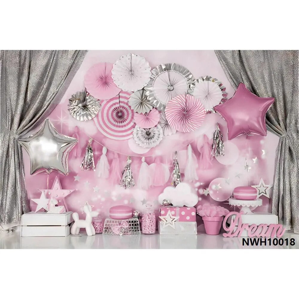 Birthday Backdrops Pink Balloons Flowers Stars Fireplace Baby Portrait ...
