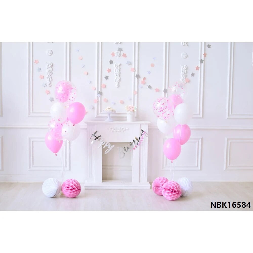 Birthday Backdrops Pink Balloons Flowers Stars Fireplace Baby Portrait ...