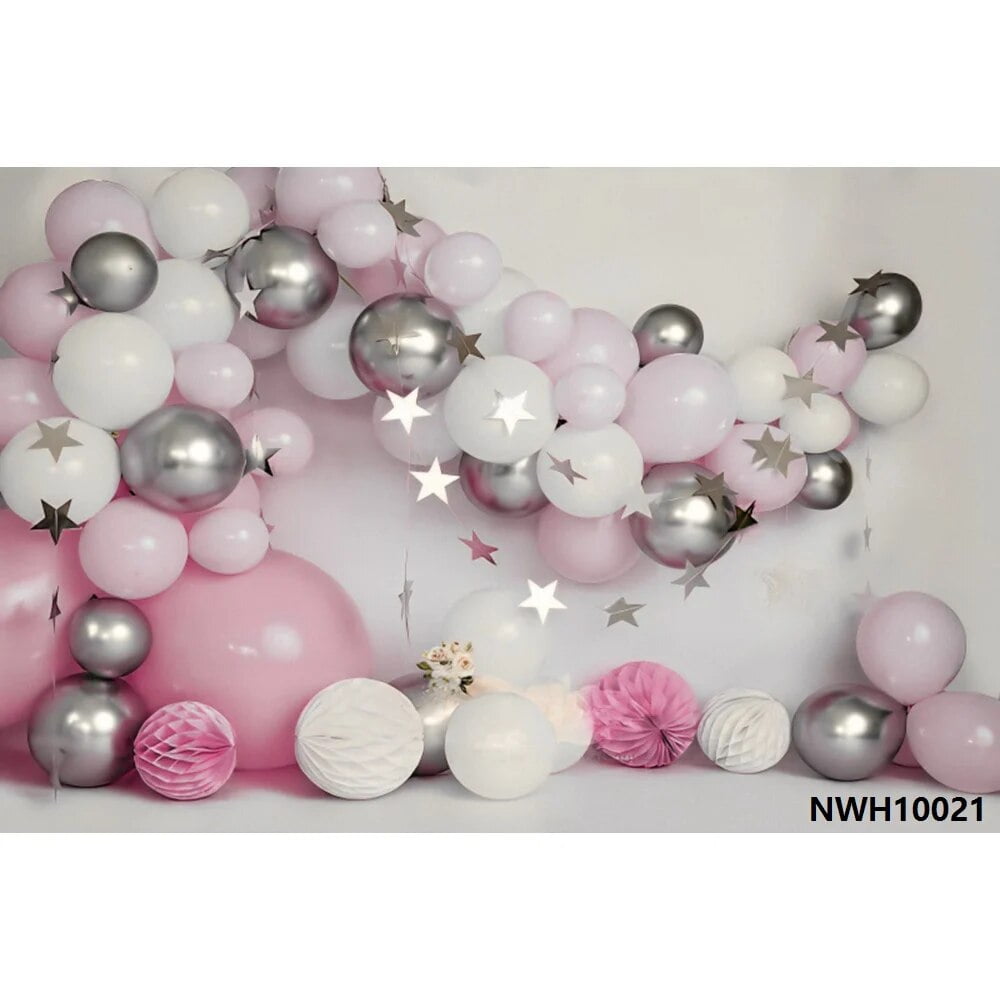Birthday Backdrops Pink Balloons Flowers Stars Fireplace Baby Portrait ...