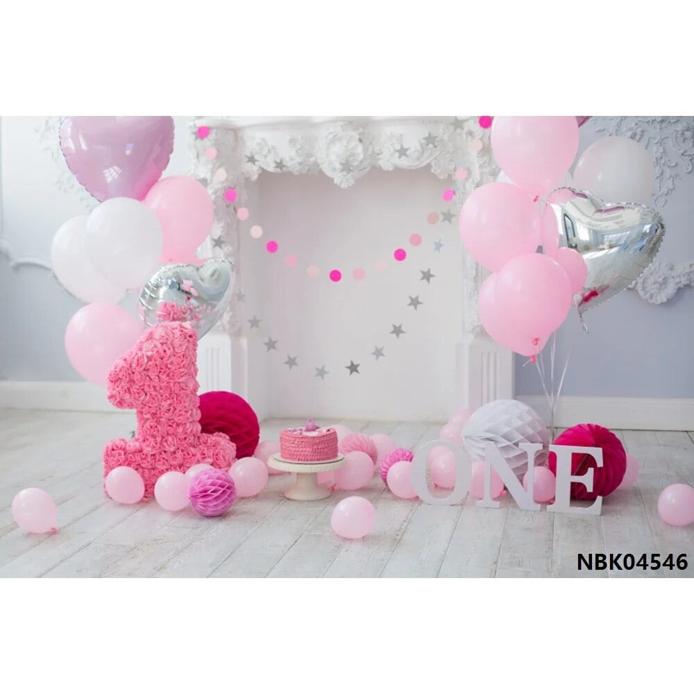 Birthday Backdrops Pink Balloons Flowers Stars Fireplace Baby Portrait ...