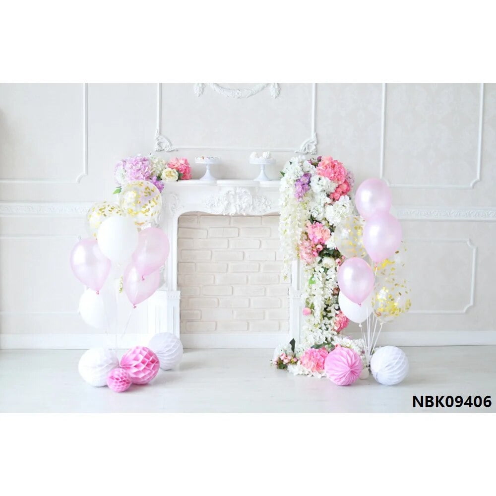Birthday Backdrops Pink Balloons Flowers Stars Fireplace Baby Portrait ...