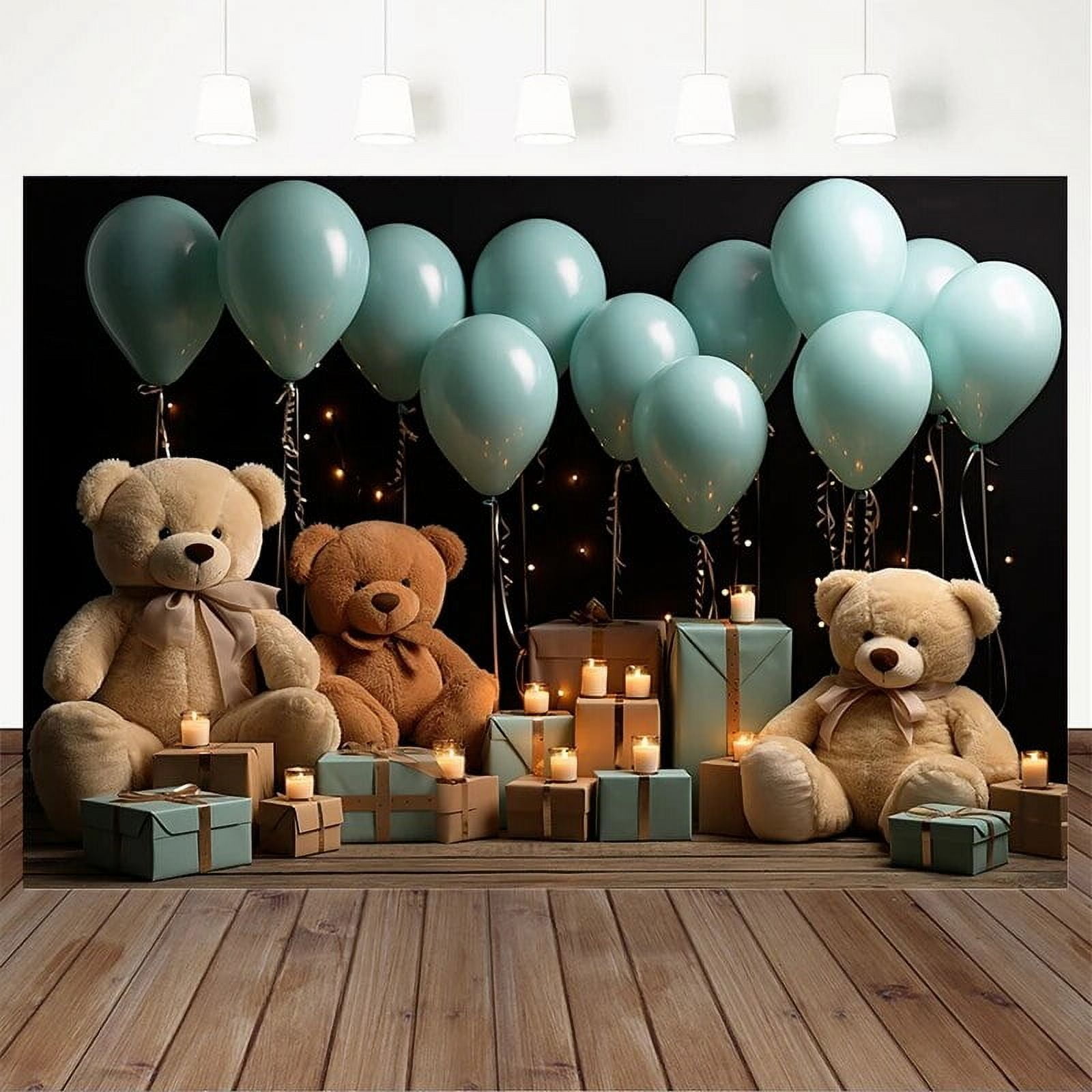 Birthday Background For Photography Dark Green Wall Star Balloon Bear ...