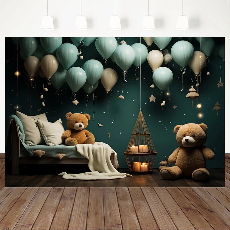 Birthday Background For Photography Dark Green Wall Star Balloon Bear ...
