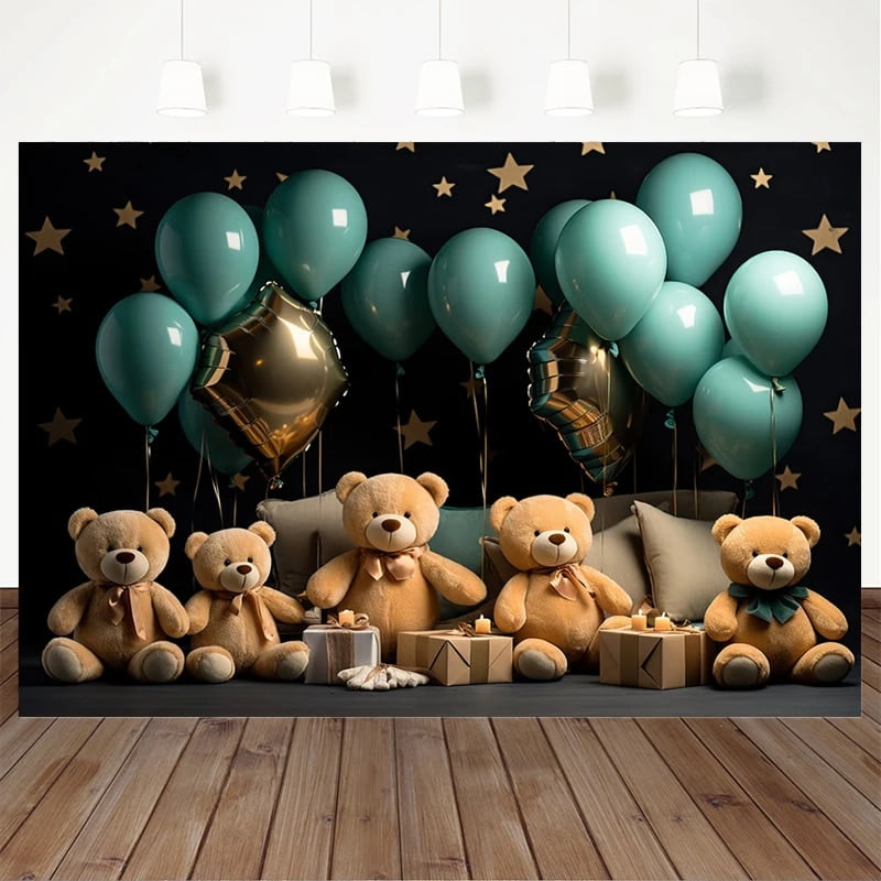 Birthday Background For Photography Dark Green Wall Star Balloon Bear ...