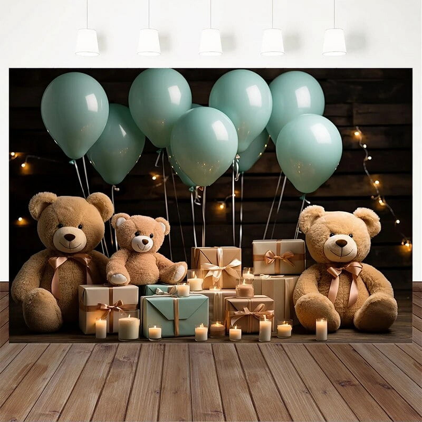 Birthday Background For Photography Dark Green Wall Star Balloon Bear ...
