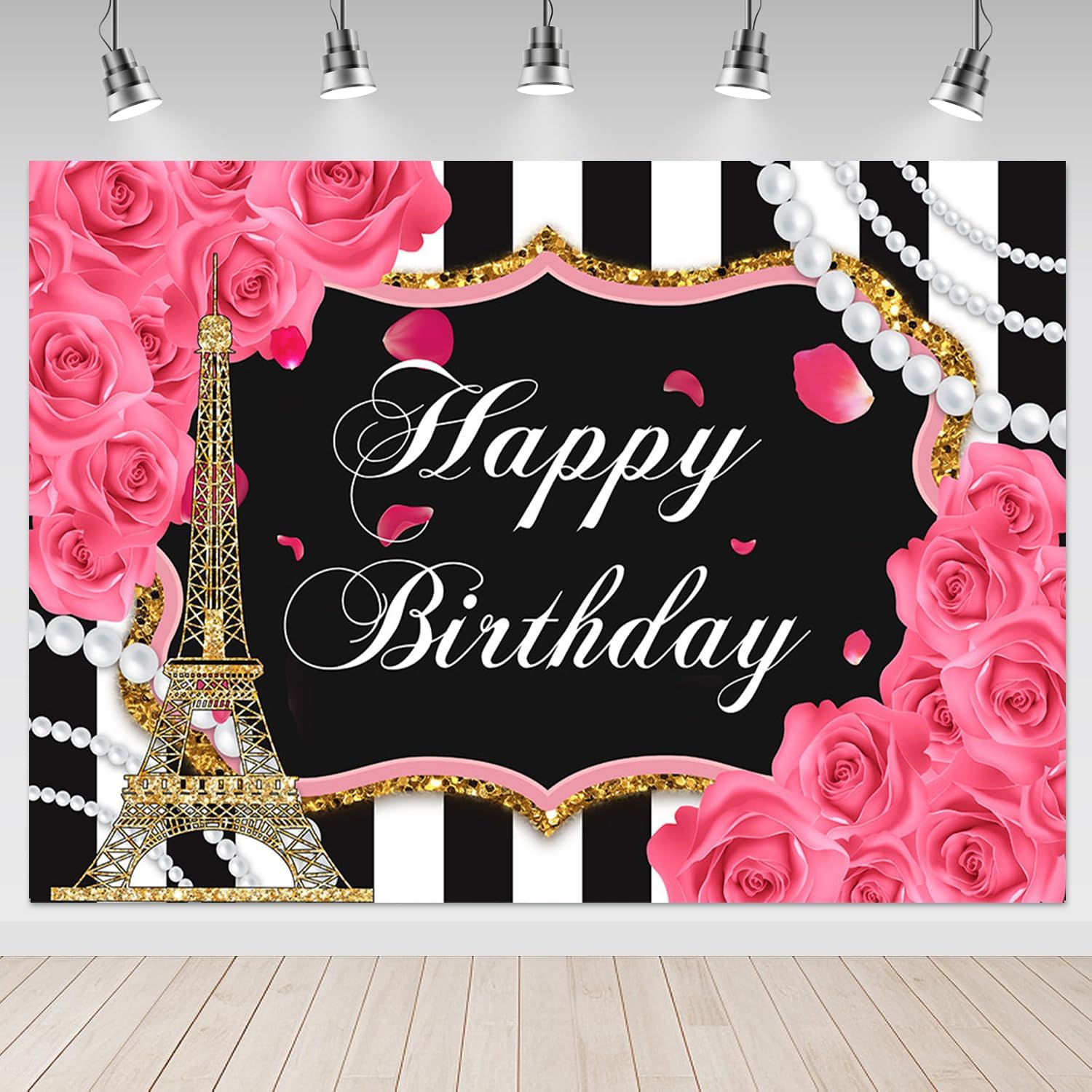 Birthday Beautiful Backdrop Black White Stripe Pink Rose Tower Happy ...