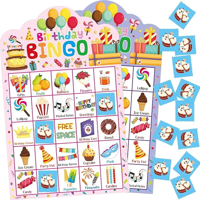 Birthday Bingo Game 24 Players for Kids Die-Cut Bingo Cards Party Game ...