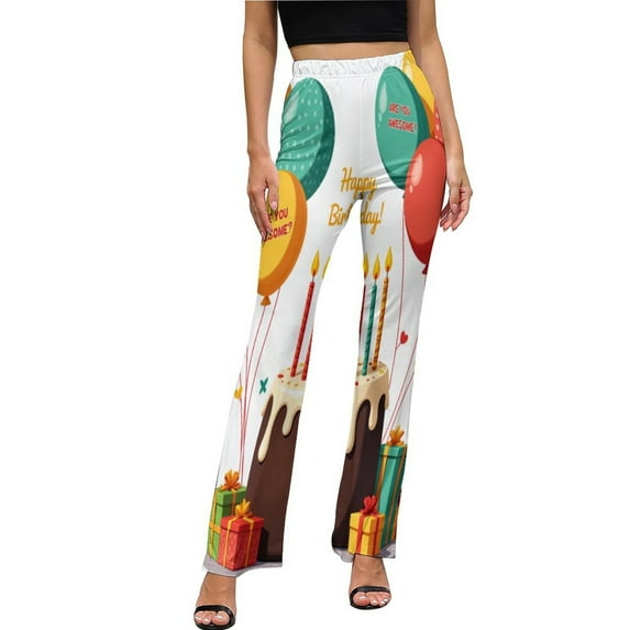 Birthday Cake Balloons And Presents High Waisted Casual Flared Trousers ...
