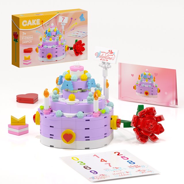 Birthday Cake Building Block with LED Light and a Set of Rose Flowers ...