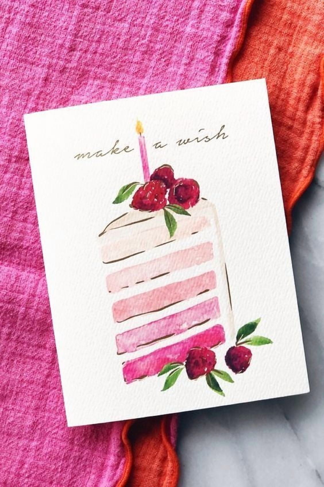 Birthday Cake Greeting Card – "Make a Wish" Floral Cake Design ...