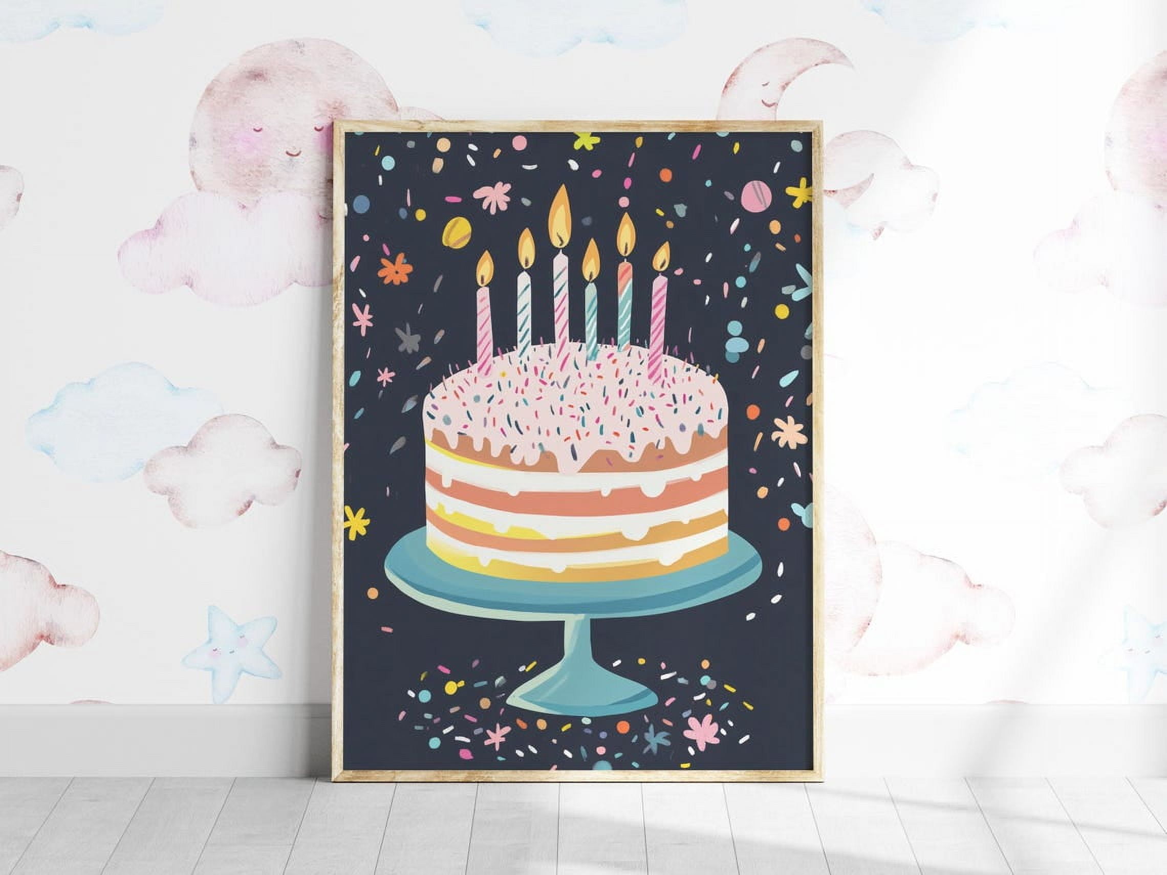 Birthday Cake Kids Wall Art, Birthday Party Candle Poster, Pastel ...