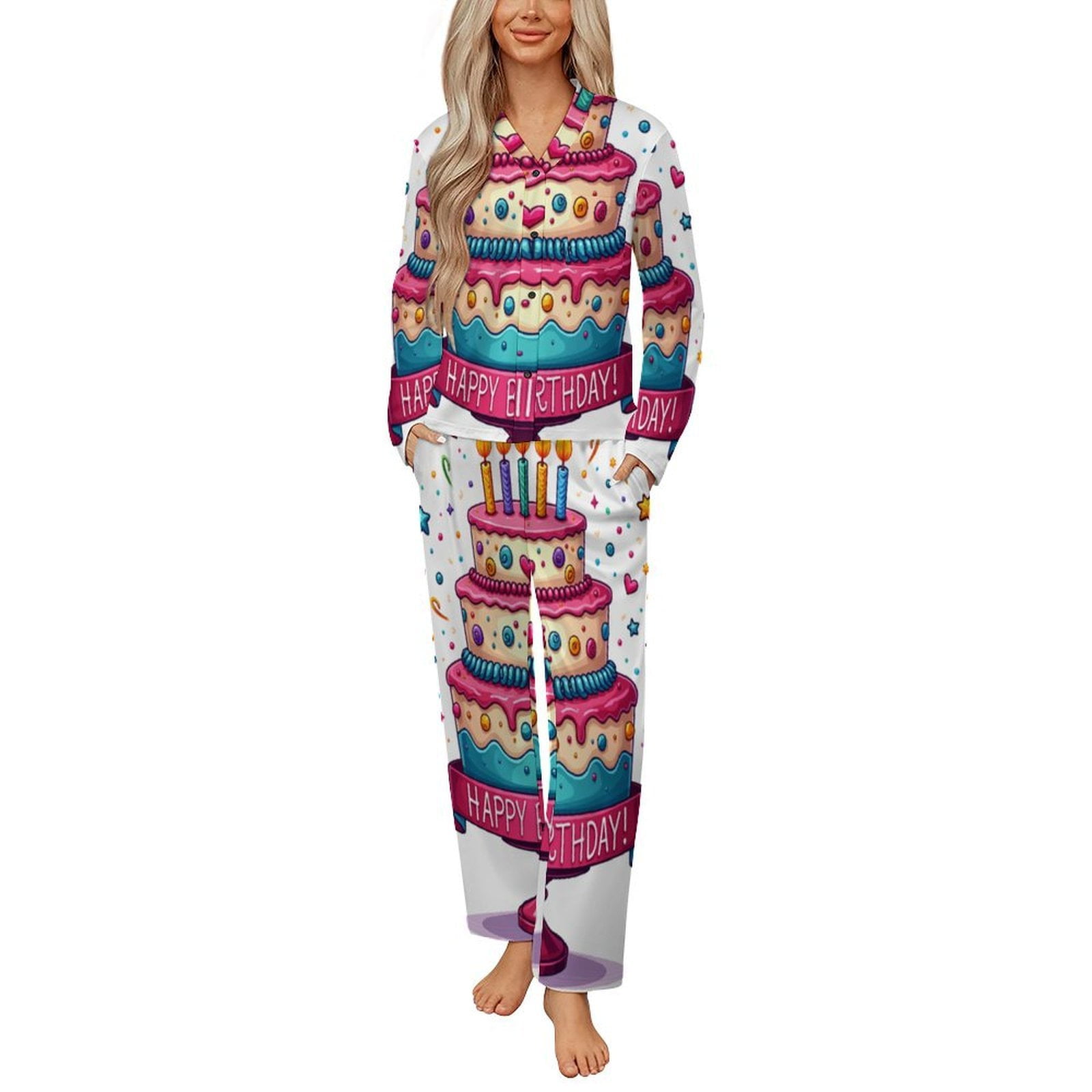 Birthday Cake with Candles Ablaze Womens Pyjamas Set Button Up Pyjamas ...
