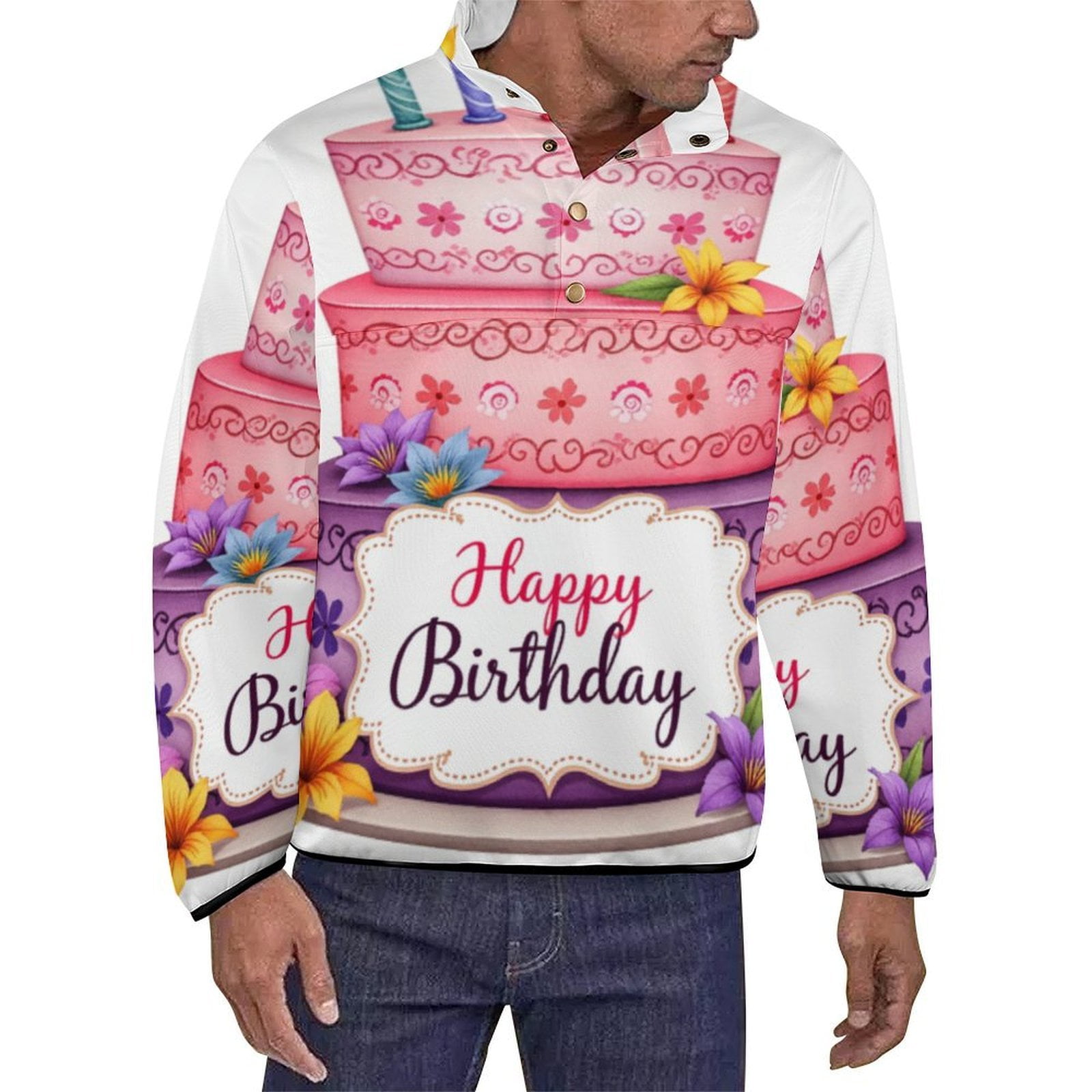 Birthday Cake with Candles Men's Stand Collar Sweater Long Sleeve ...