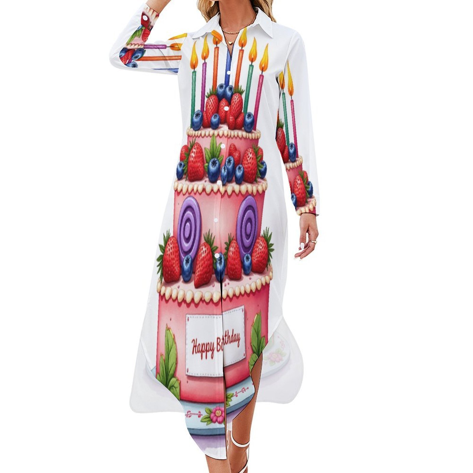 Birthday Cake with Candles Shirt Dress Long Sleeve Street Fashion V ...