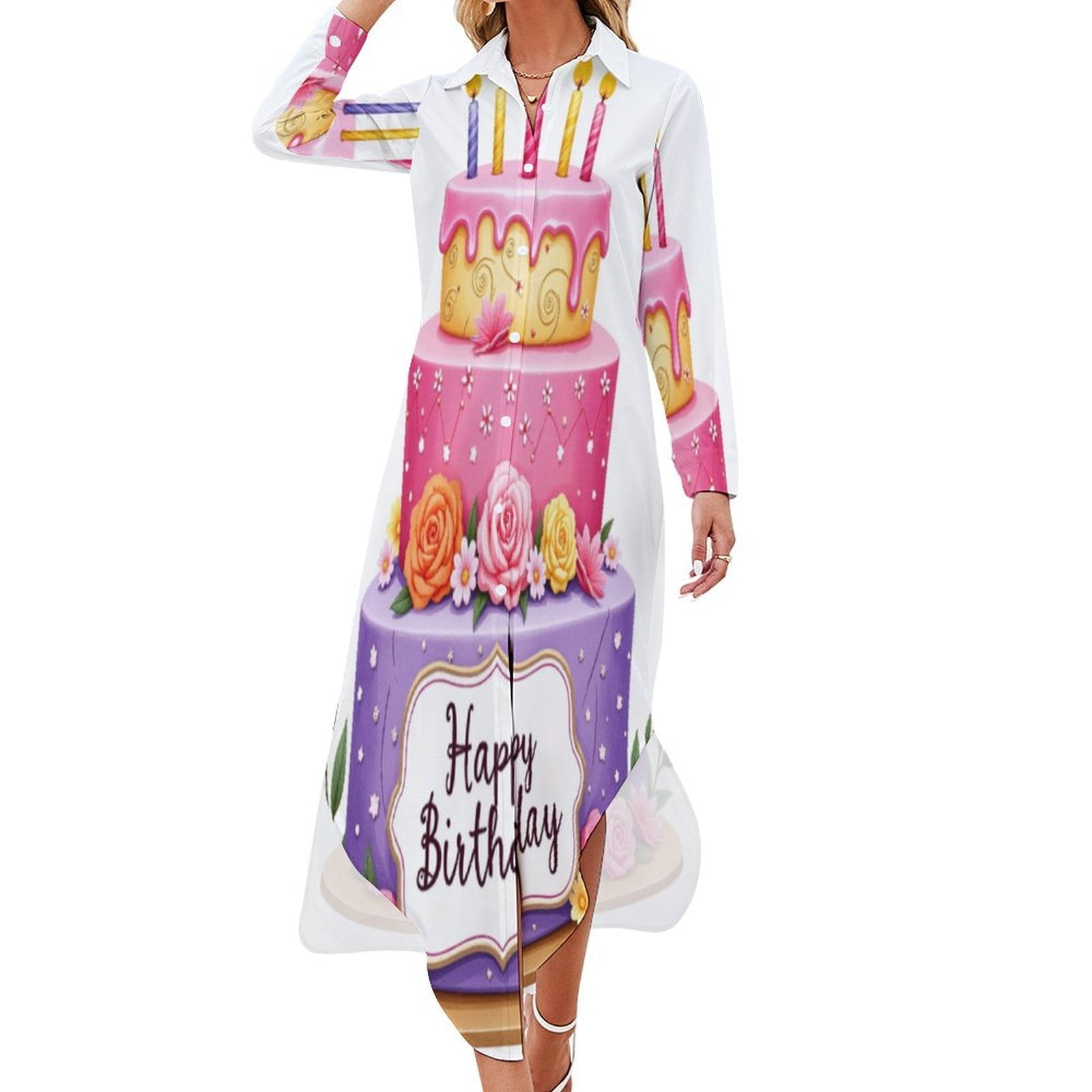 Birthday Cake with Candles Shirt Dress Long Sleeve Street Fashion V ...