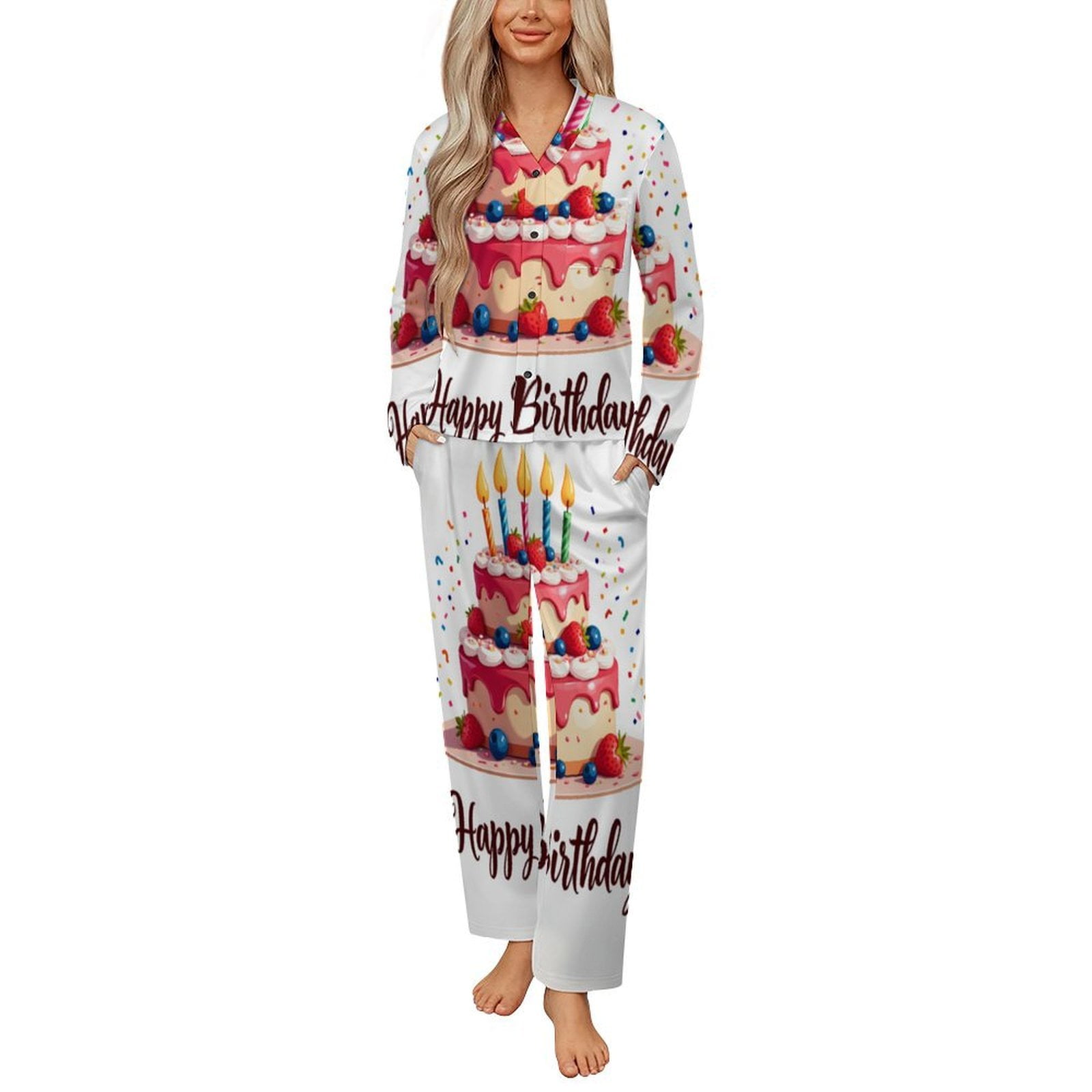 Birthday Cake with Candles on Top Womens Pyjamas Set Button Up Pyjamas ...
