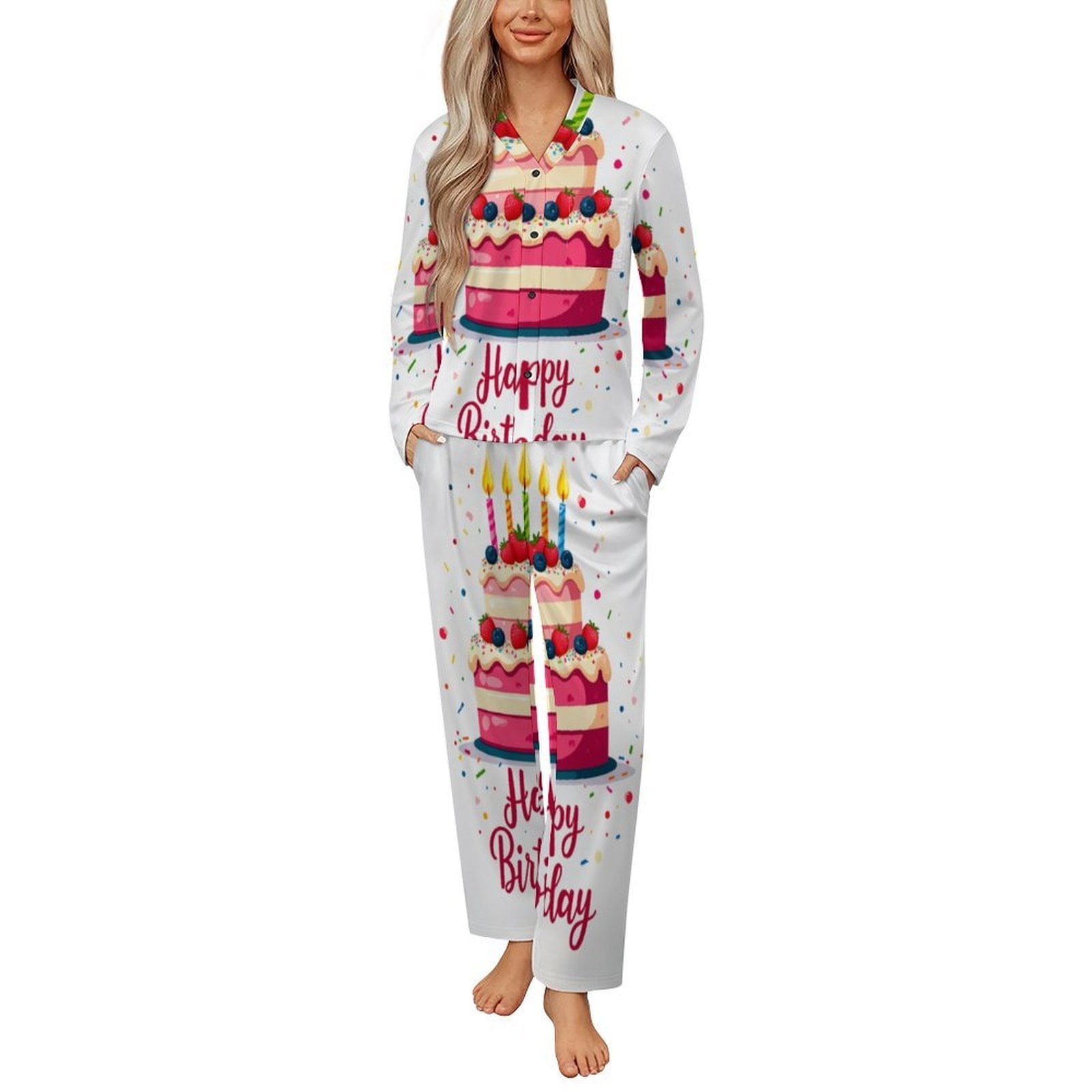 Birthday Cake with Lit Candles Womens Pyjamas Set Button Up Pyjamas ...