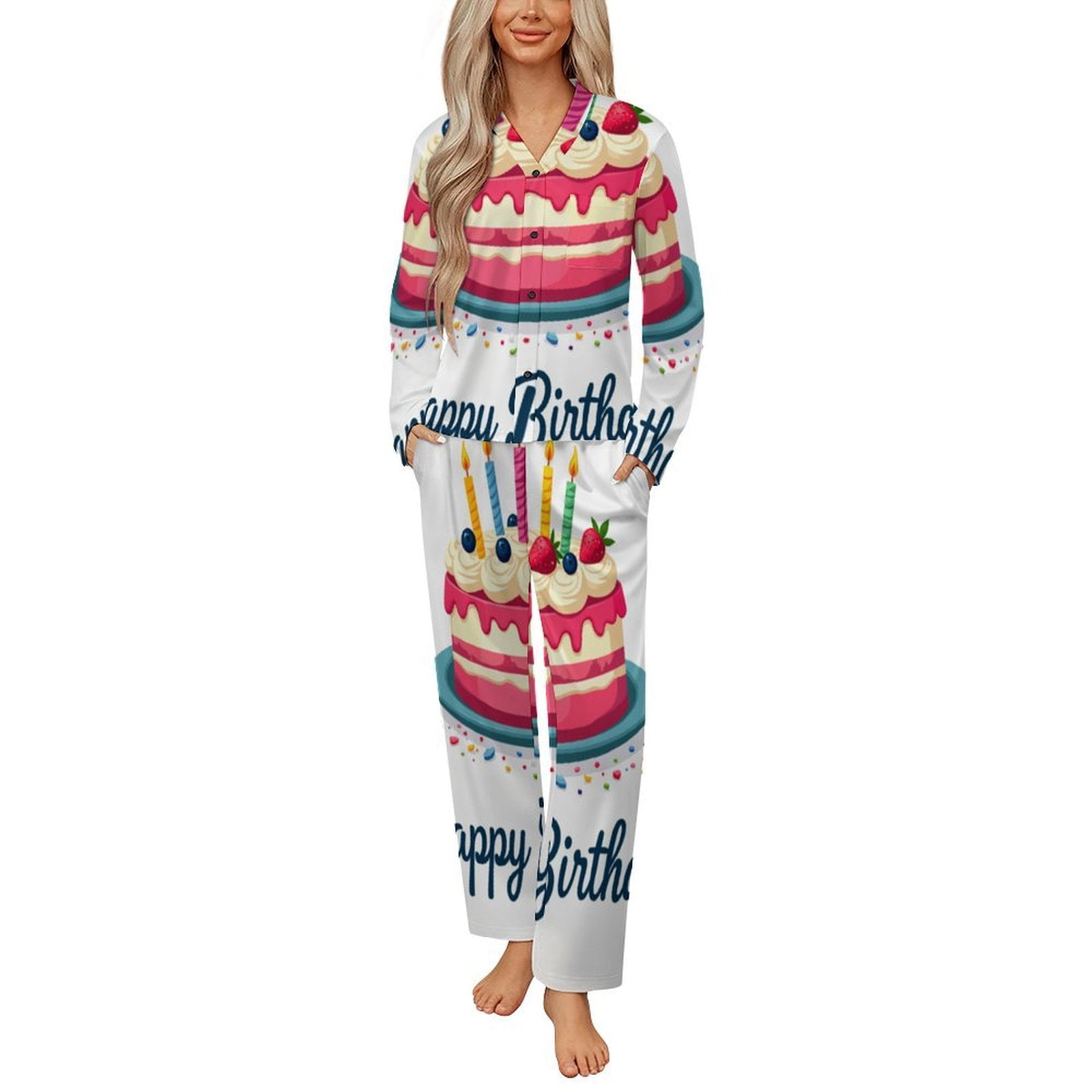 Birthday Cake with Lit Candles Womens Pyjamas Set Button Up Pyjamas ...