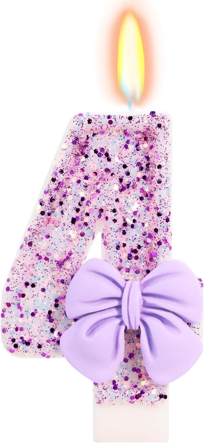 Birthday Candle for Cake, 4 Candle - Purple Glitter with Bowknot, 2.76 ...
