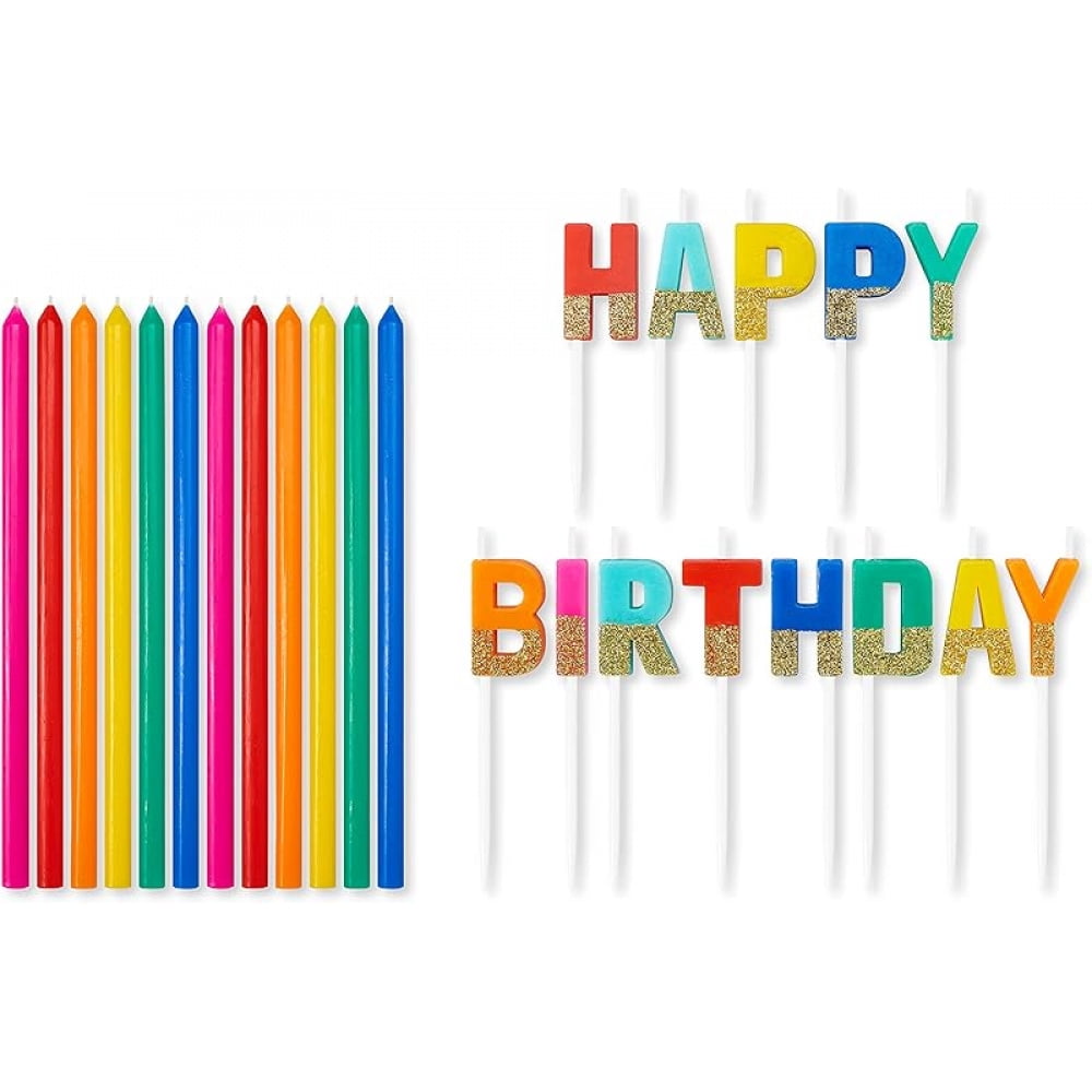 Birthday Candles, Multicolored Long Thin & Happy Birthday Text on ...