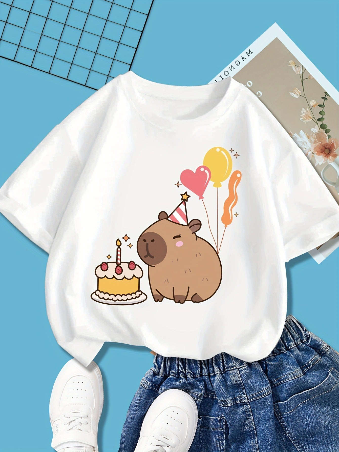 Birthday Capybara Print T-Shirt for Girls, Casual Crew Neck T-Shirt ...