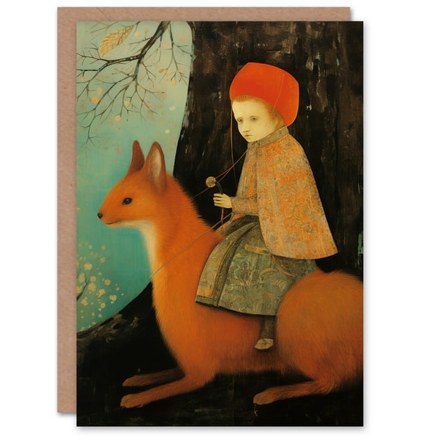 Birthday Card Child Riding Weasel Surreal Medieval Painting Blank Arty ...