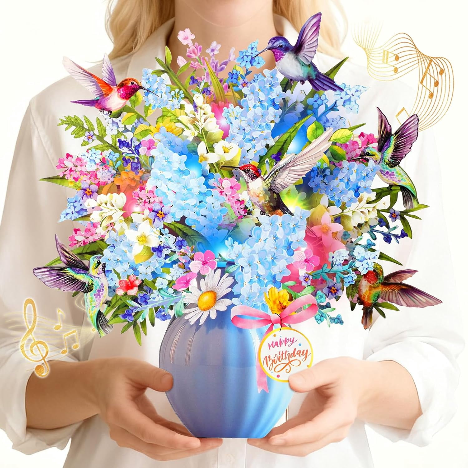 Birthday Card, Hummingbird Card with Music and Lights, Flower Bouquet ...