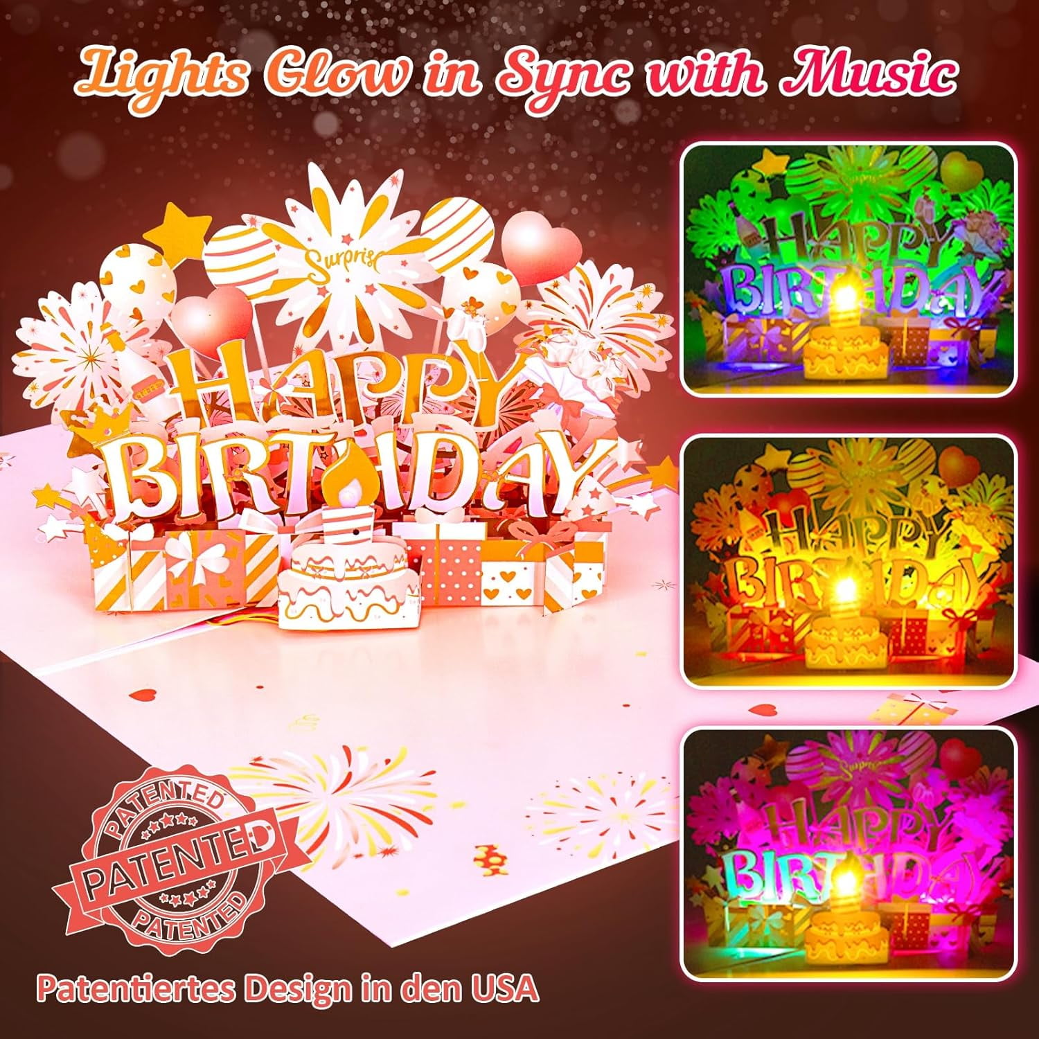 Birthday Cards Fireworks Pop Up Cake Light and Music Black and Gold ...