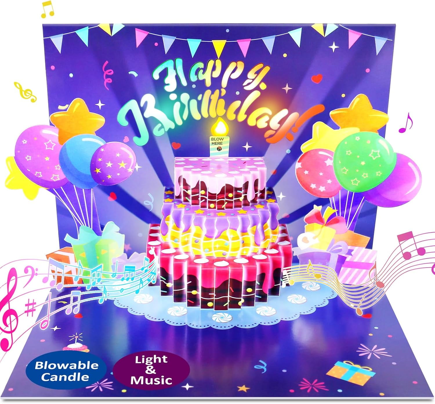 Birthday Cards, Musical Pop Up Birthday Cards with Light, Blow Out LED ...
