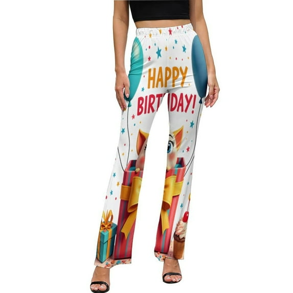 Birthday Cat Gift Balloons Happy High Waisted Casual Flared Trousers ...