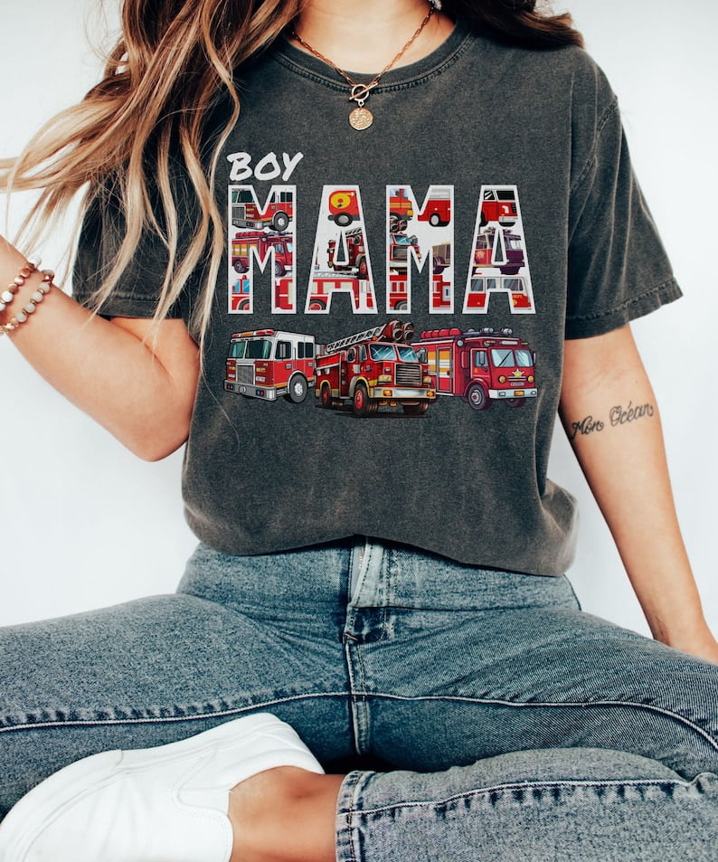 Birthday Celebration Graphic Cotton T-Shirt Featuring Fire Truck Mama ...