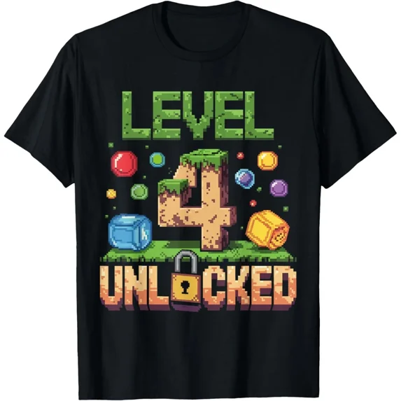 Birthday Children's Shirt Level Four Unlocked Game Humor Unisex T-Shirt ...