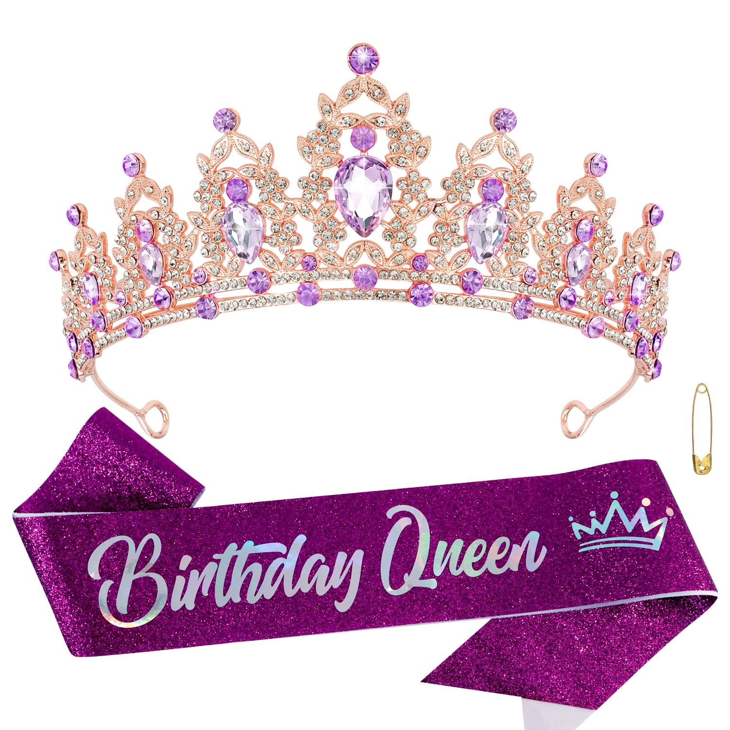 Birthday Crown and Queen Sash - Purple Tiara Crystal Crown for Women ...