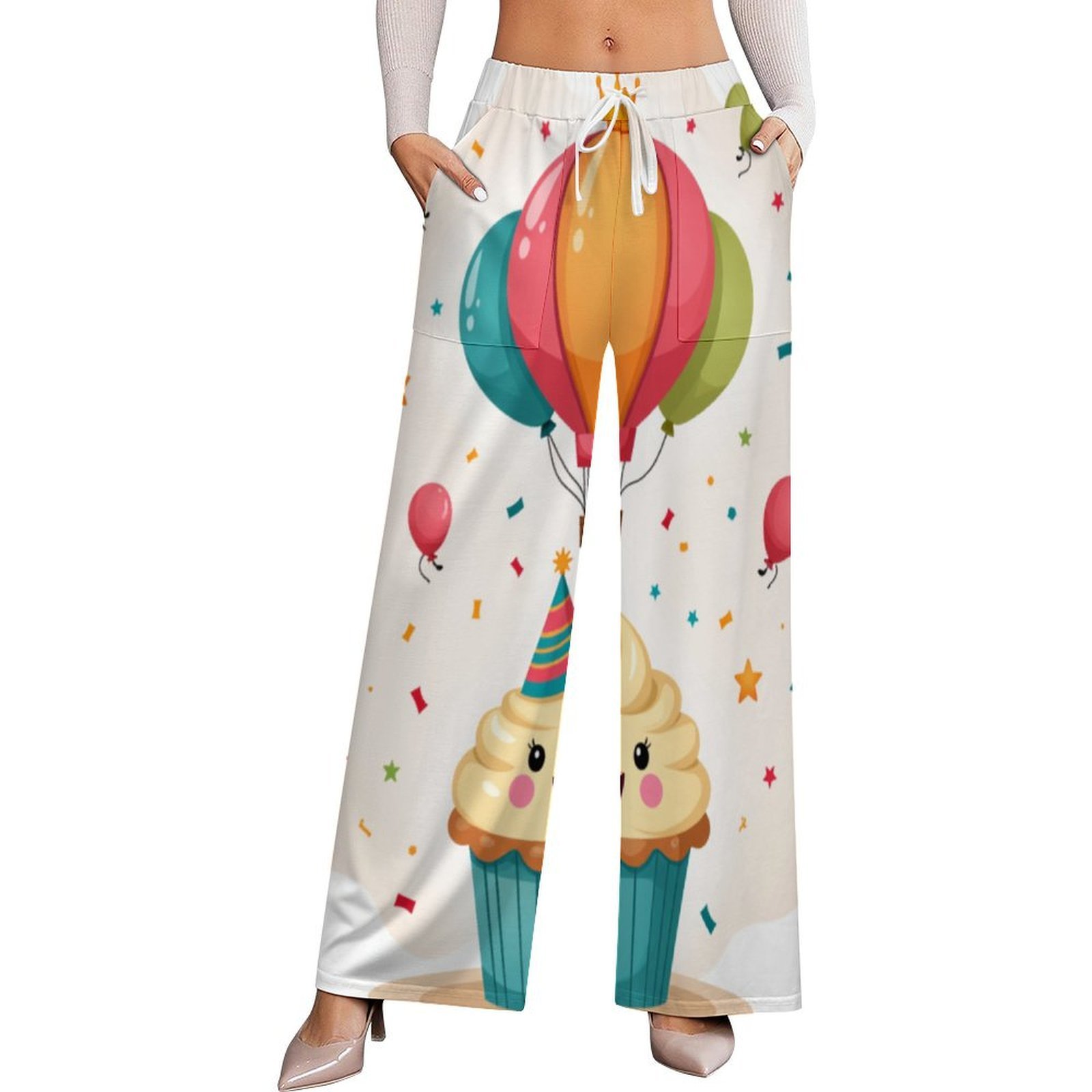 Birthday Cupcake And Balloons Women's Casual Wide Leg Pants Comfort ...