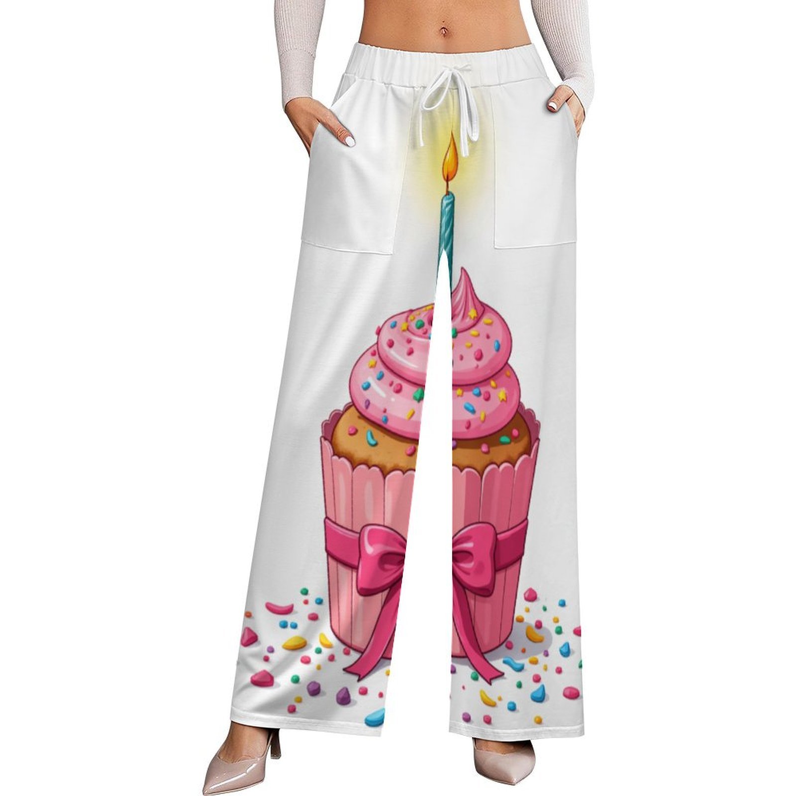 Birthday Cupcake with A Lit Candle Women's Casual Wide Leg Pants ...