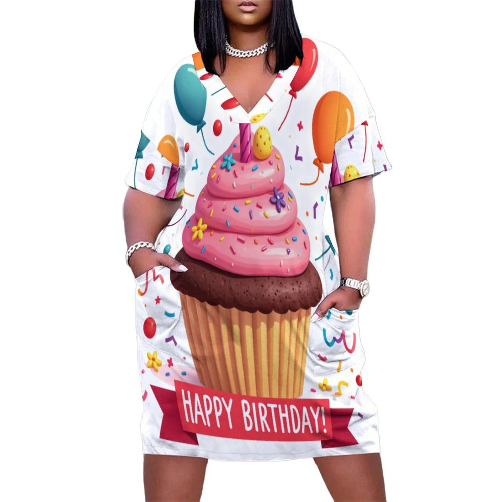 Birthday Cupcake with Balloons And Candle Loose Pocket Dress Dresses ...