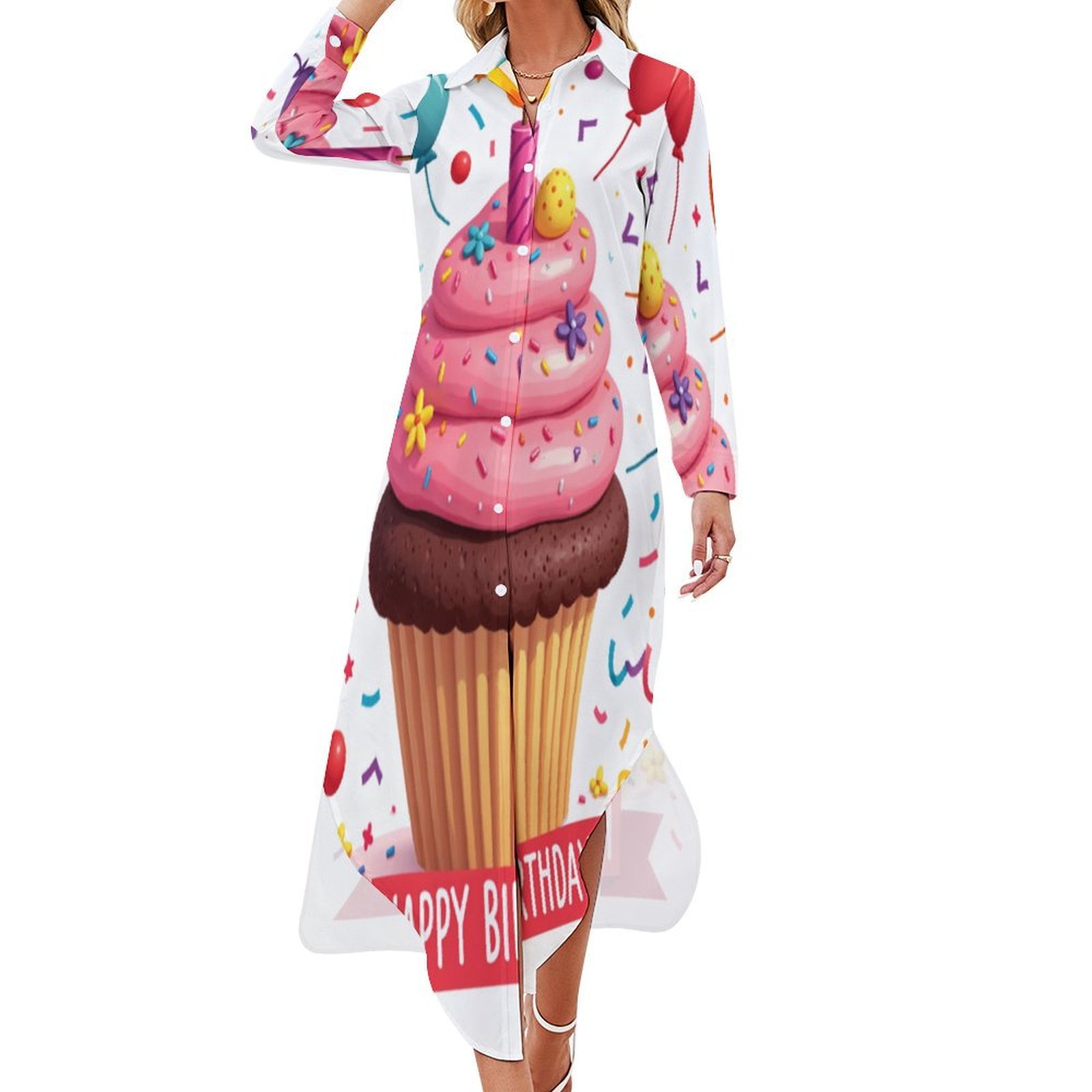 Birthday Cupcake with Balloons And Candle Shirt Dress Long Sleeve ...