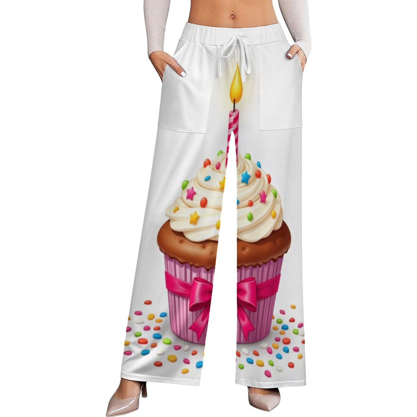 Birthday Cupcake with Burning Candle Women's Casual Wide Leg Pants ...